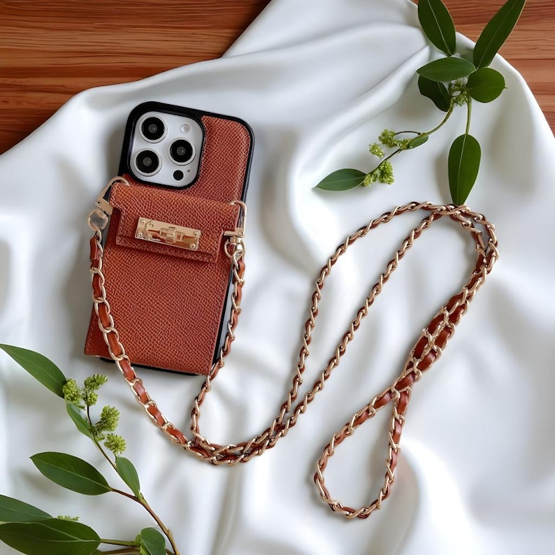 Stylish Leather Crossbody Wallet iPhone Case: Chain Strap, Card Holder ...