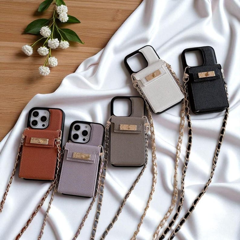Stylish Leather Crossbody Wallet iPhone Case: Chain Strap, Card Holder ...