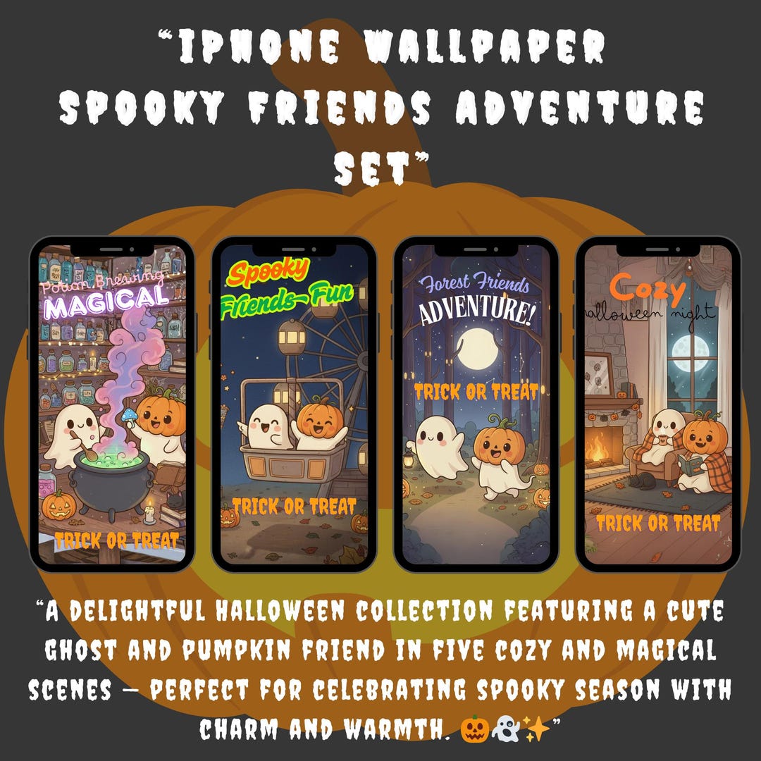 Cute Halloween iPhone Wallpaper Set | Cozy Ghost & Pumpkin Friends ...