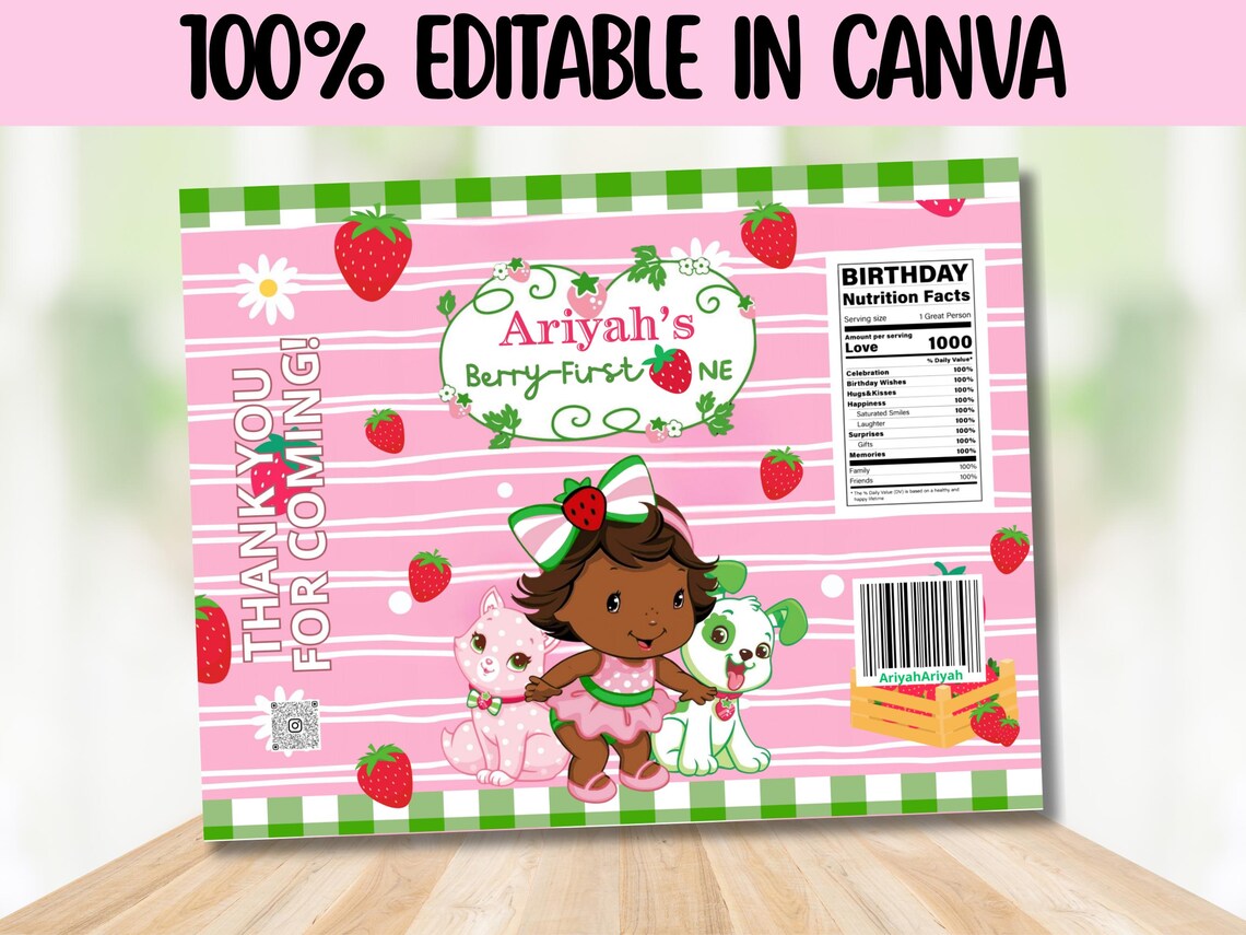 Strawberry Shortcake Chip Bag Template: First Birthday Party Favor ...