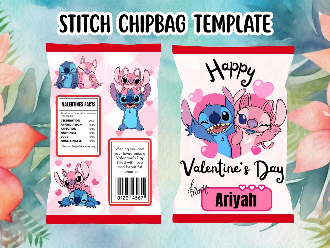 Stitch & Angel Valentine Chip Bag, Editable Birthday Party Favor ...