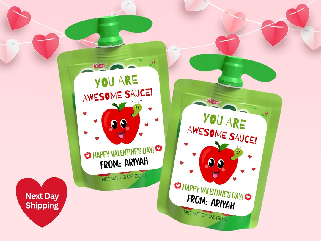 Printed Applesauce Valentine Sticker Labels, Kids Classroom Valentine ...