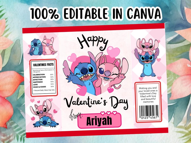 Stitch & Angel Valentine Chip Bag, Editable Birthday Party Favor ...