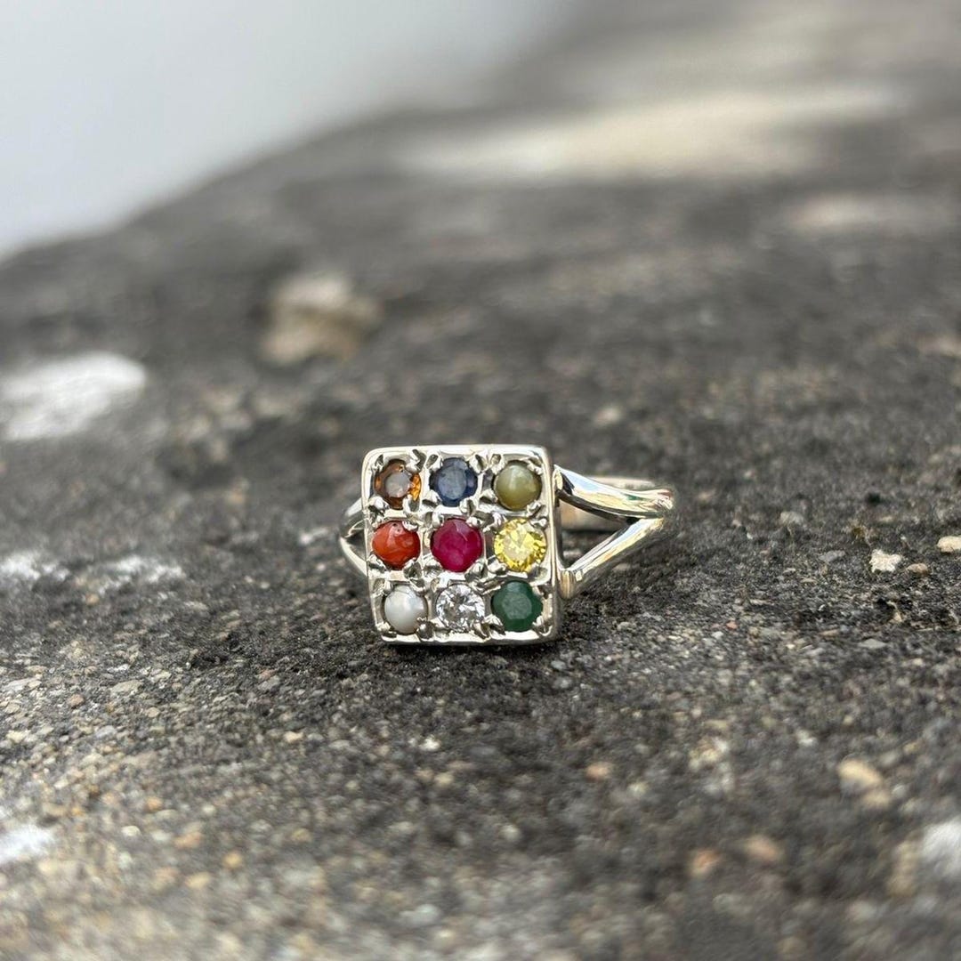Square Navaratna Sterling Silver Ring, Multi Gemstone Good Luck Ring - Etsy