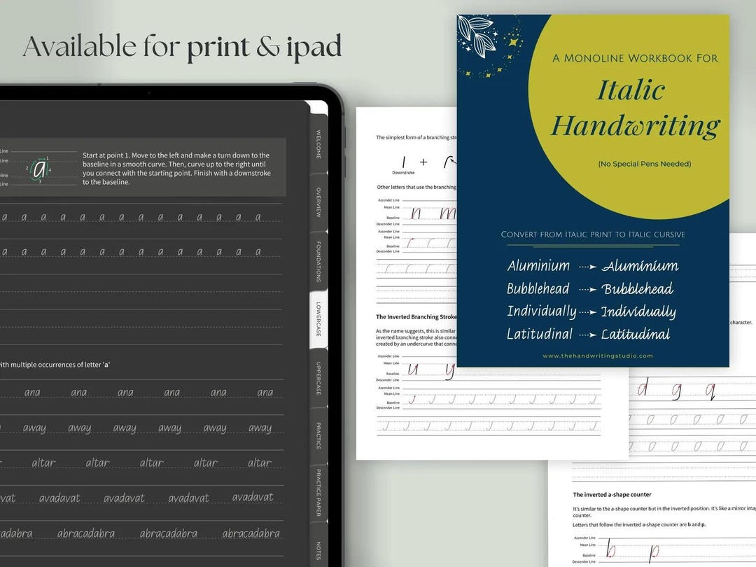 Italic Handwriting Workbook PDF | Monoline Italic Lettering Guide ...