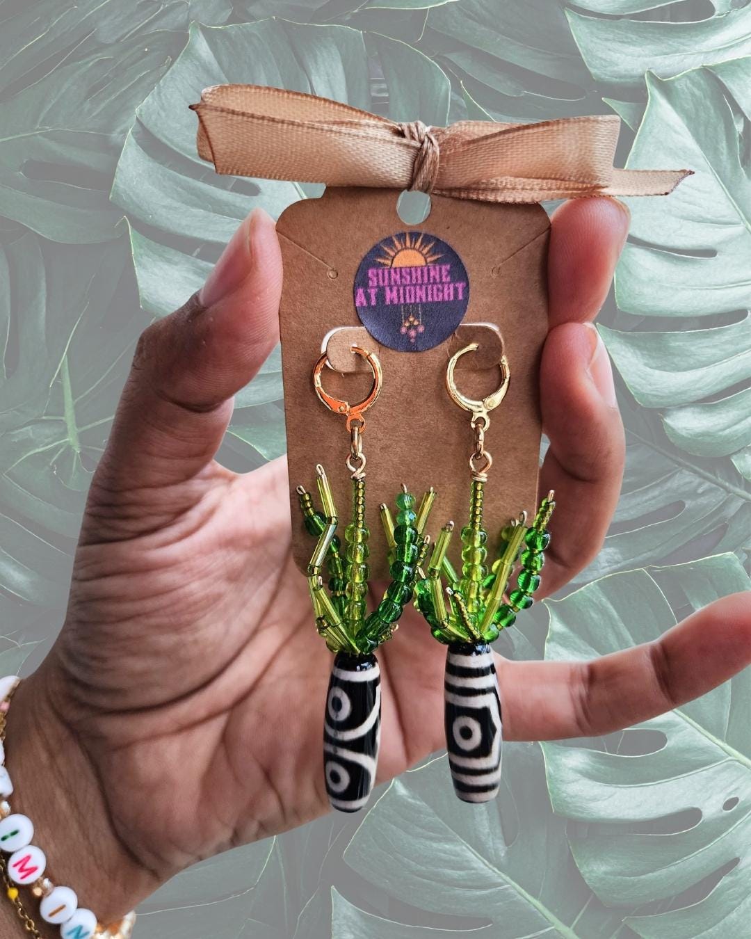 Denetra | Green Beaded Statement Totem Earrings | Beaded Blooms ...