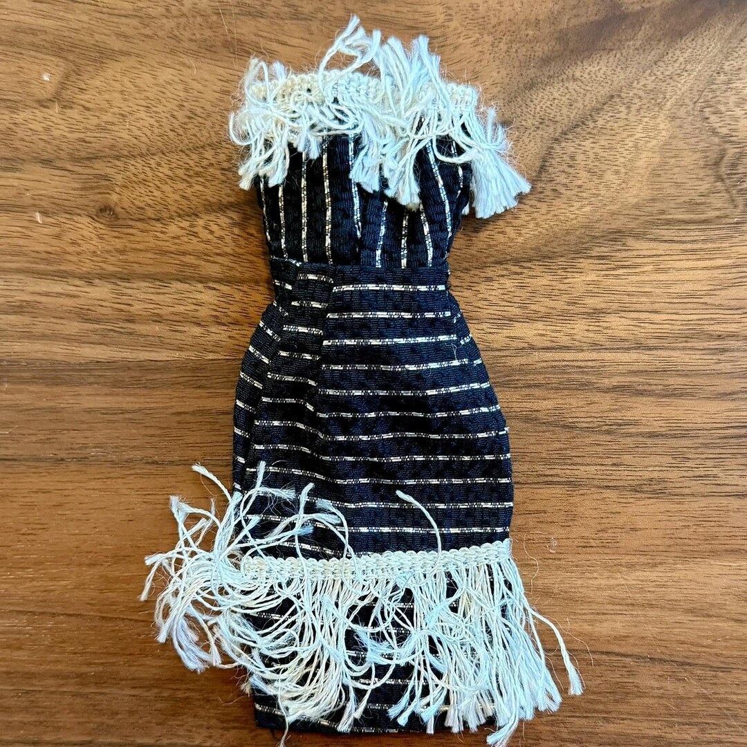 VTG 60s 1960s Barbie Clone Little Black Dress Silver Fringe Strapless ...