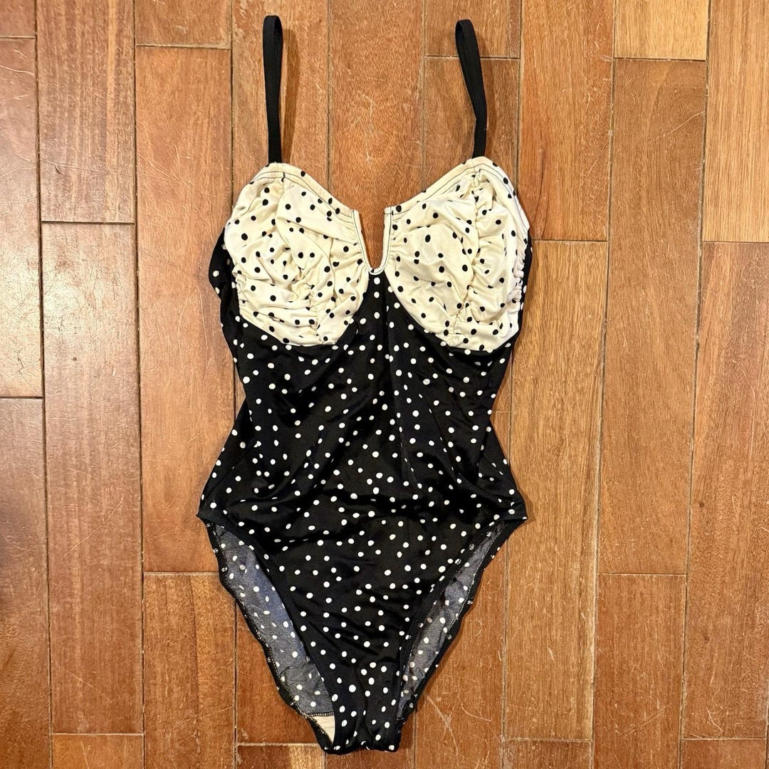 VTG 1980s 80s Black White Polka Dot Swimsuit Ruched Plunge Bathing Suit ...