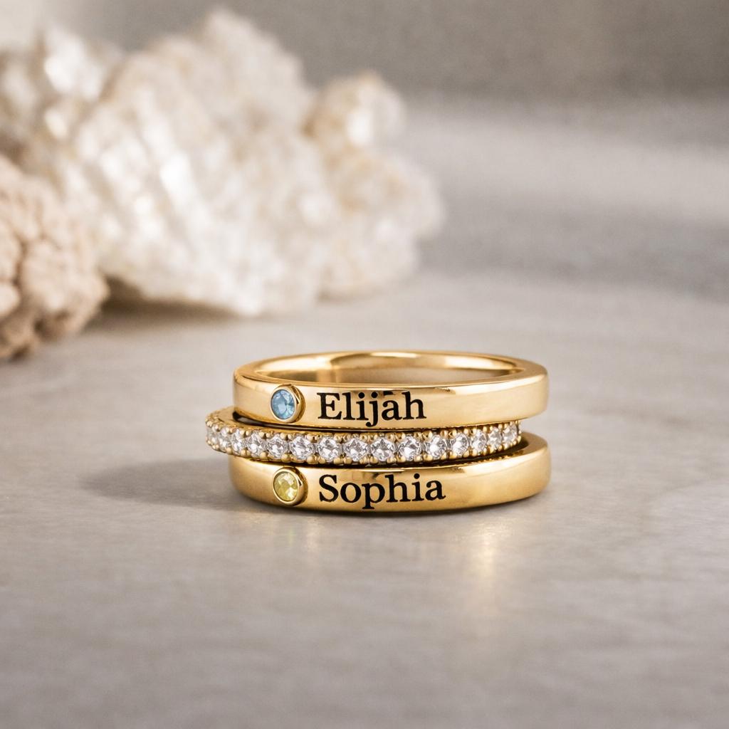 Personalized Birthstone Stacking Rings, Custom Name Engraved Copper ...