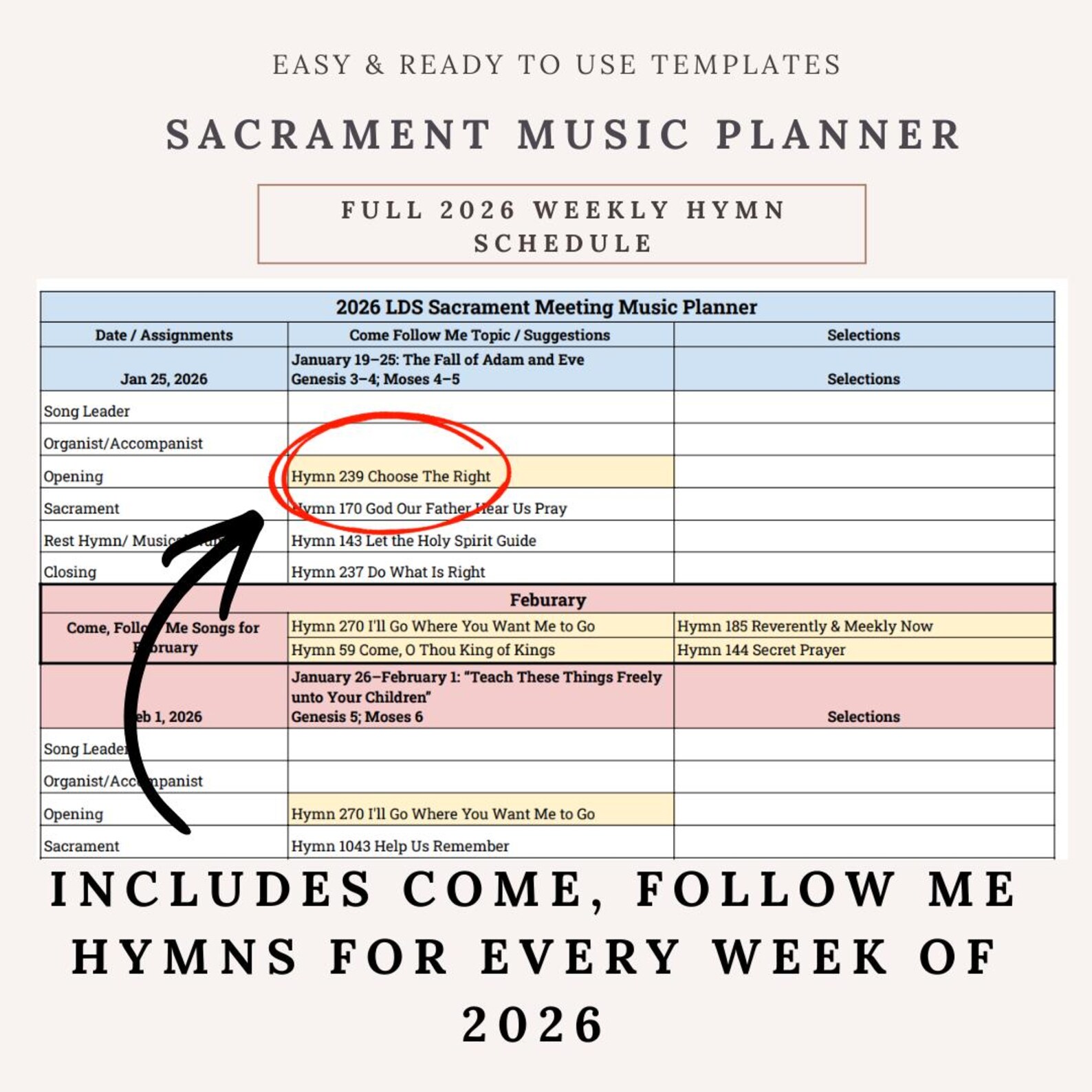 2026 LDS Sacrament Meeting Music Planner | Come Follow Me Hymn Schedule ...