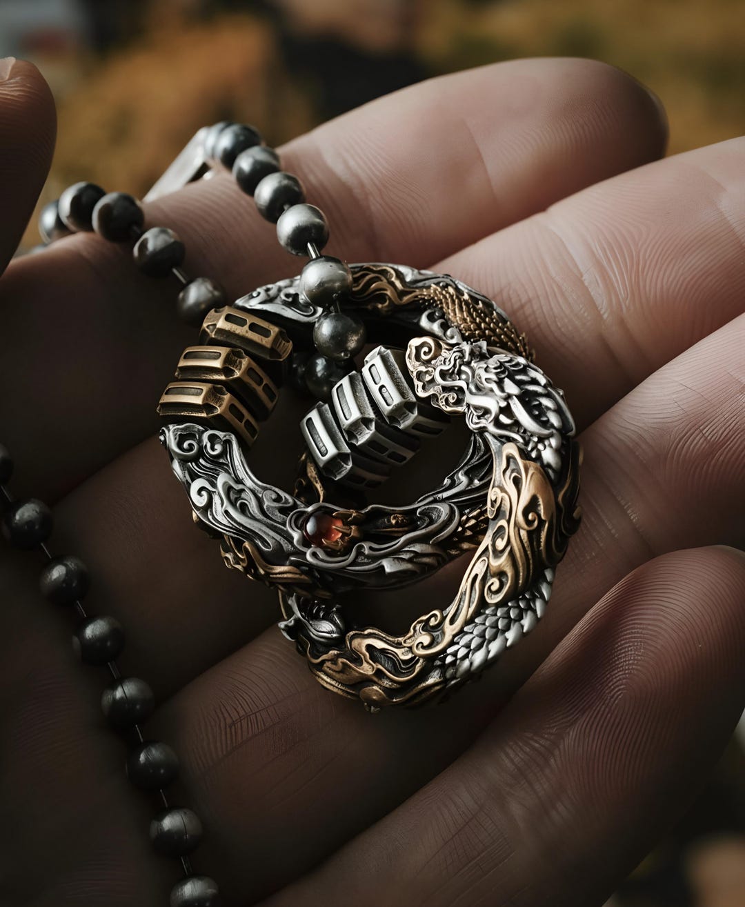 Gothic Dragon Double Ring Pendant: Handmade Talisman Necklace - Etsy
