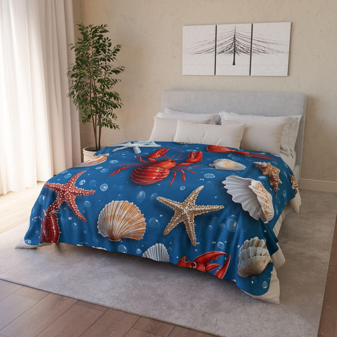 Lobster Seashell Sherpa Blanket, Coastal Ocean Throw, Nautical Red Blue ...