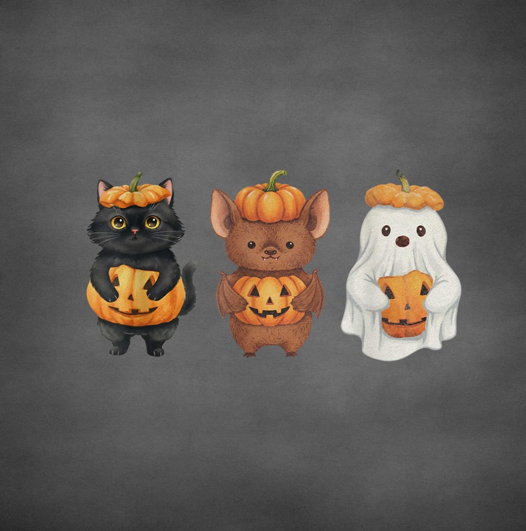 Cute Halloween Animals PNG Set | Adorable Cat Bat Ghost Pumpkin Clipart ...