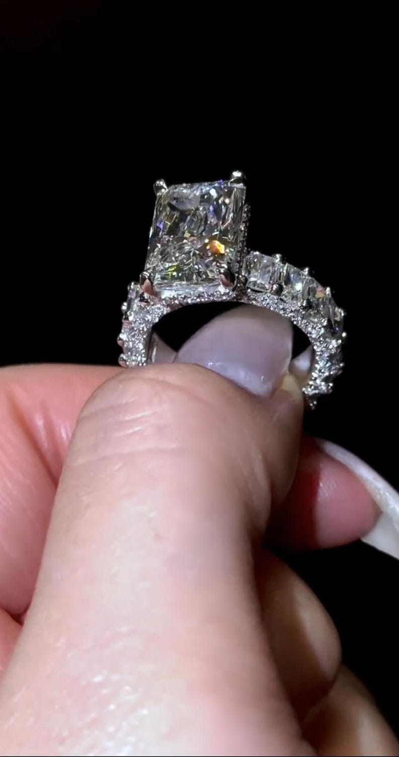 4 CT Radiant Moissanite Engagement Ring: Hidden Halo, 14K Solid Gold - Etsy