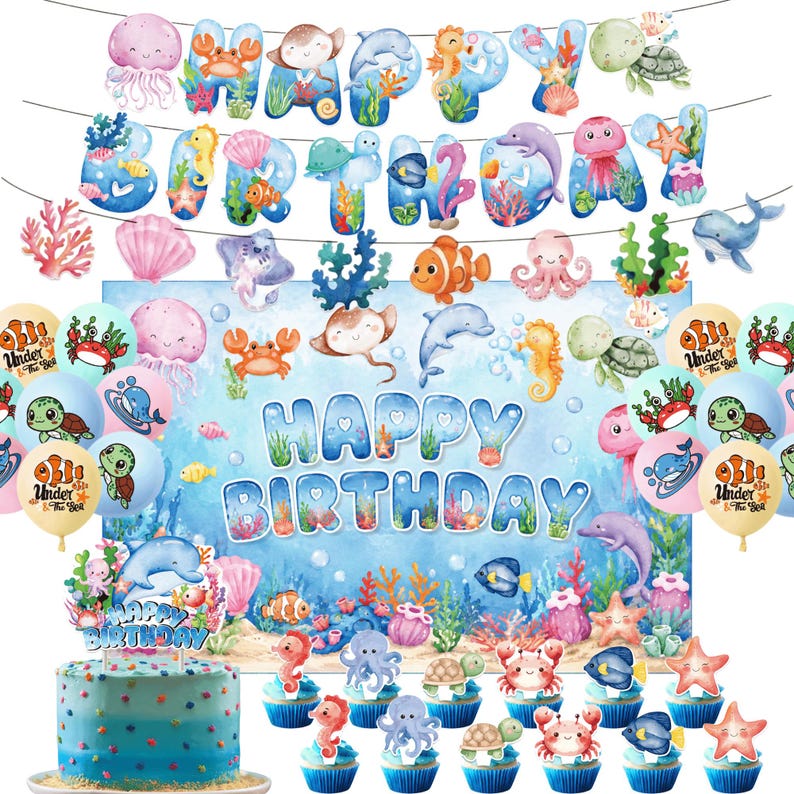 Under the Sea Birthday Party Decorations, Ocean Animal Backdrop Balloon ...