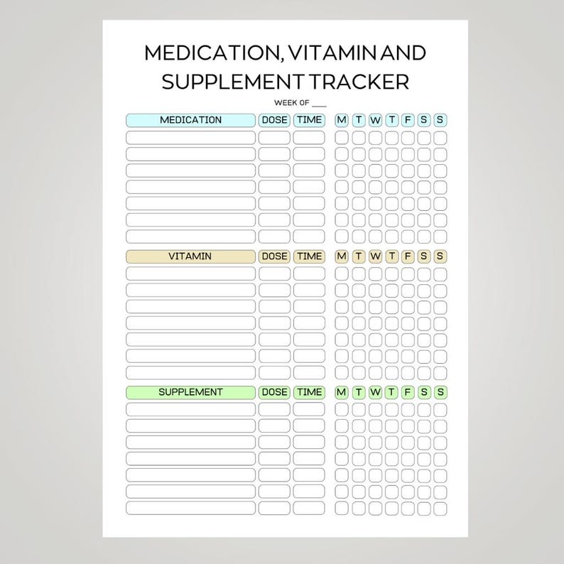 Weekly Vitamin Tracker Printable Supplement Checklist Fillable Pdf ...