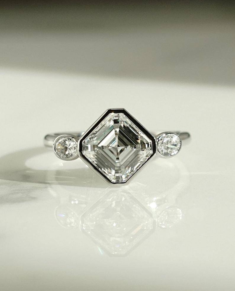 Asscher Cut Lab Grown Diamond Ring, Bezel Setting Three Stone Ring ...