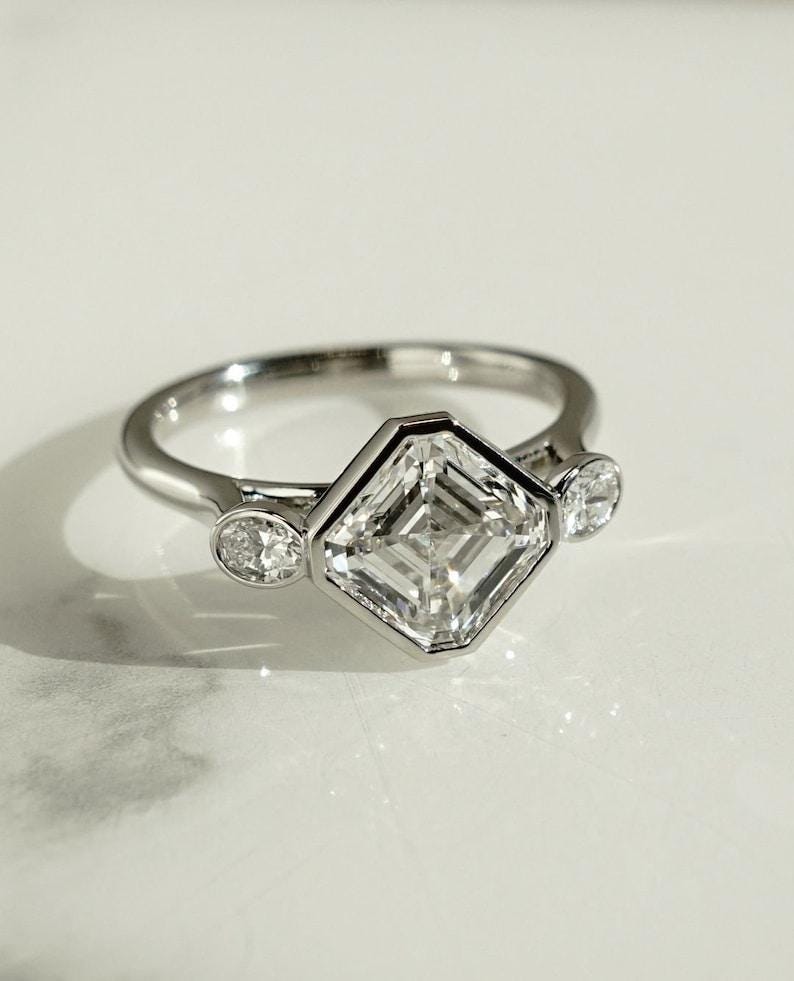 Asscher Cut Lab Grown Diamond Ring, Bezel Setting Three Stone Ring ...