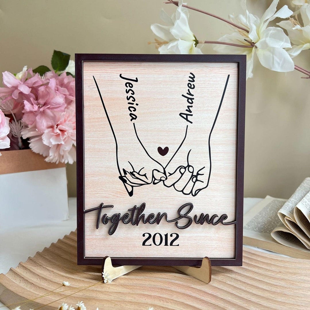 Custom Couple Names Wood Sign, Hand Holding Line Art Decor, Together ...
