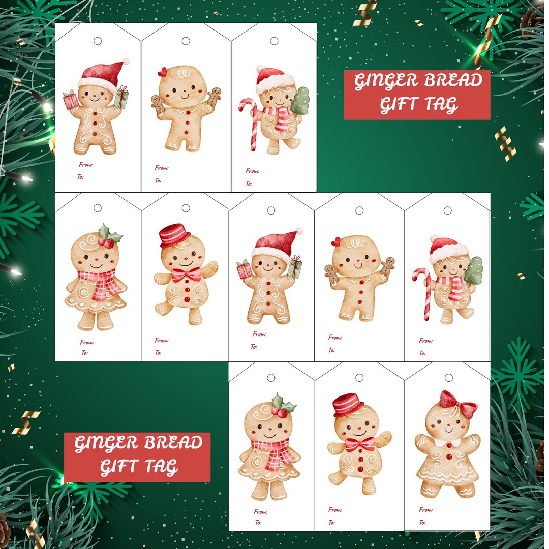Set of 6 Printable Gingerbread Man Gift Tags | Christmas Holiday Cookie ...