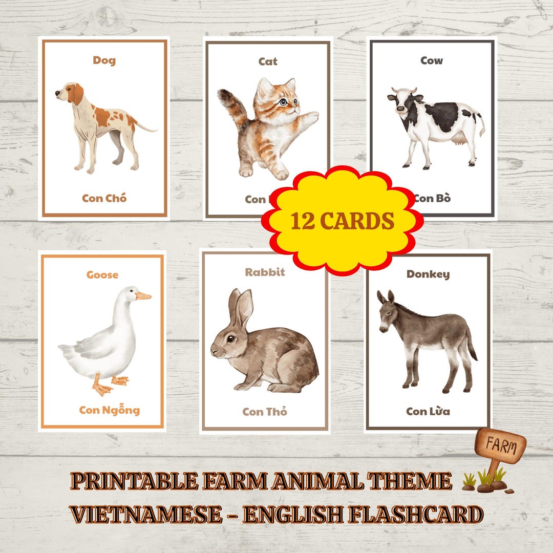 Vietnamese-english Farm Animal Flashcards PDF | Printable Language ...