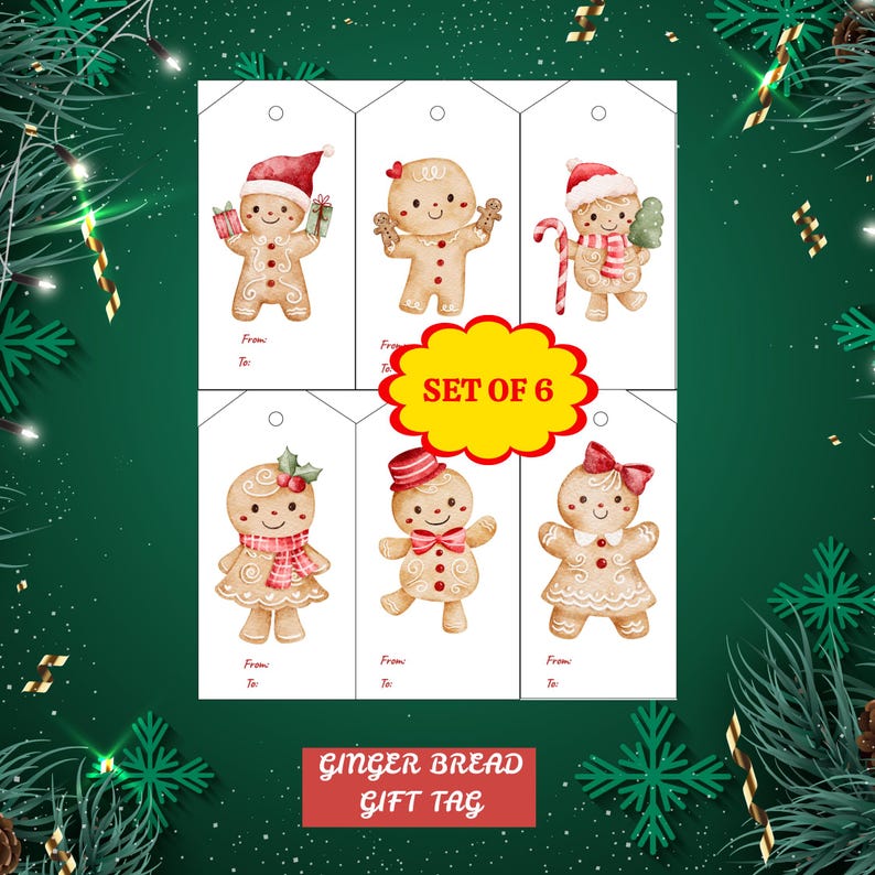 Set of 6 Printable Gingerbread Man Gift Tags | Christmas Holiday Cookie ...