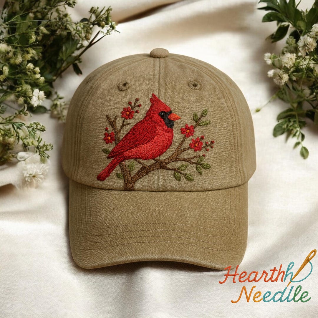 Hand Embroidered Northern Cardinal Cap, Red Bird Cotton Baseball Hat ...