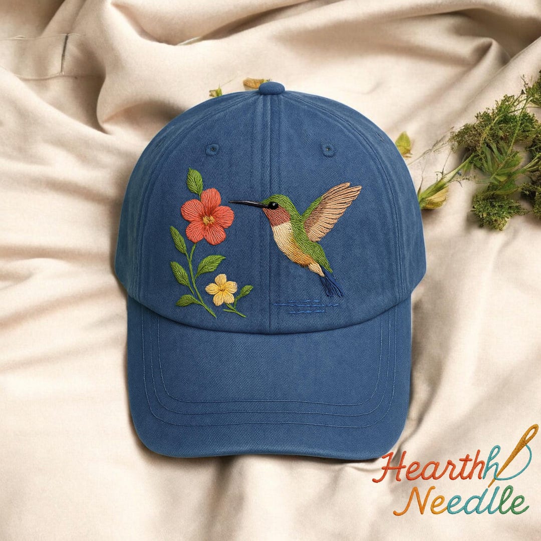 Hummingbird Embroidered Floral Hat, Handmade Bird Baseball Cap, Soft ...