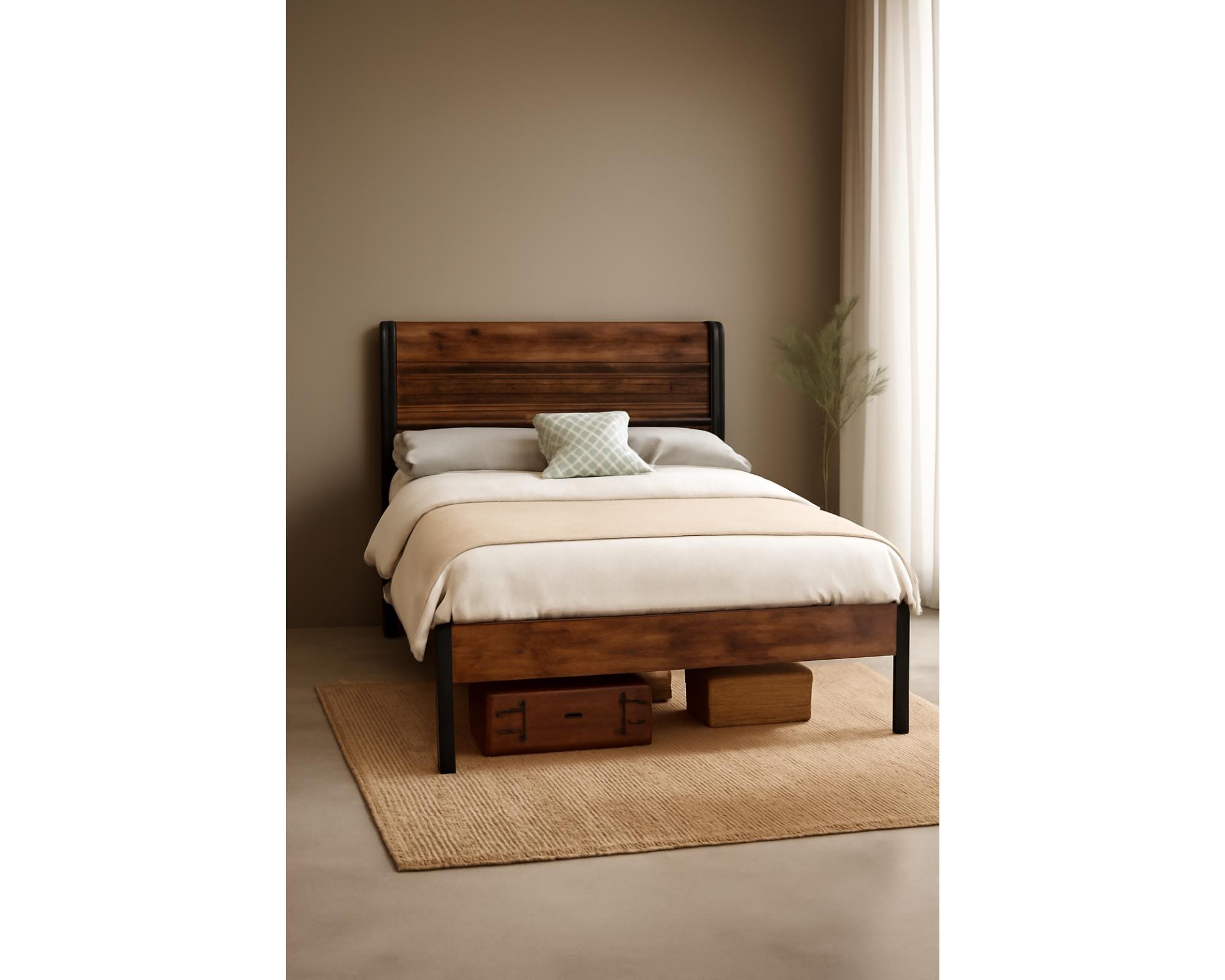Rustic Brown Metal Bed Frame: Farmhouse Headboard & Under-bed Storage ...