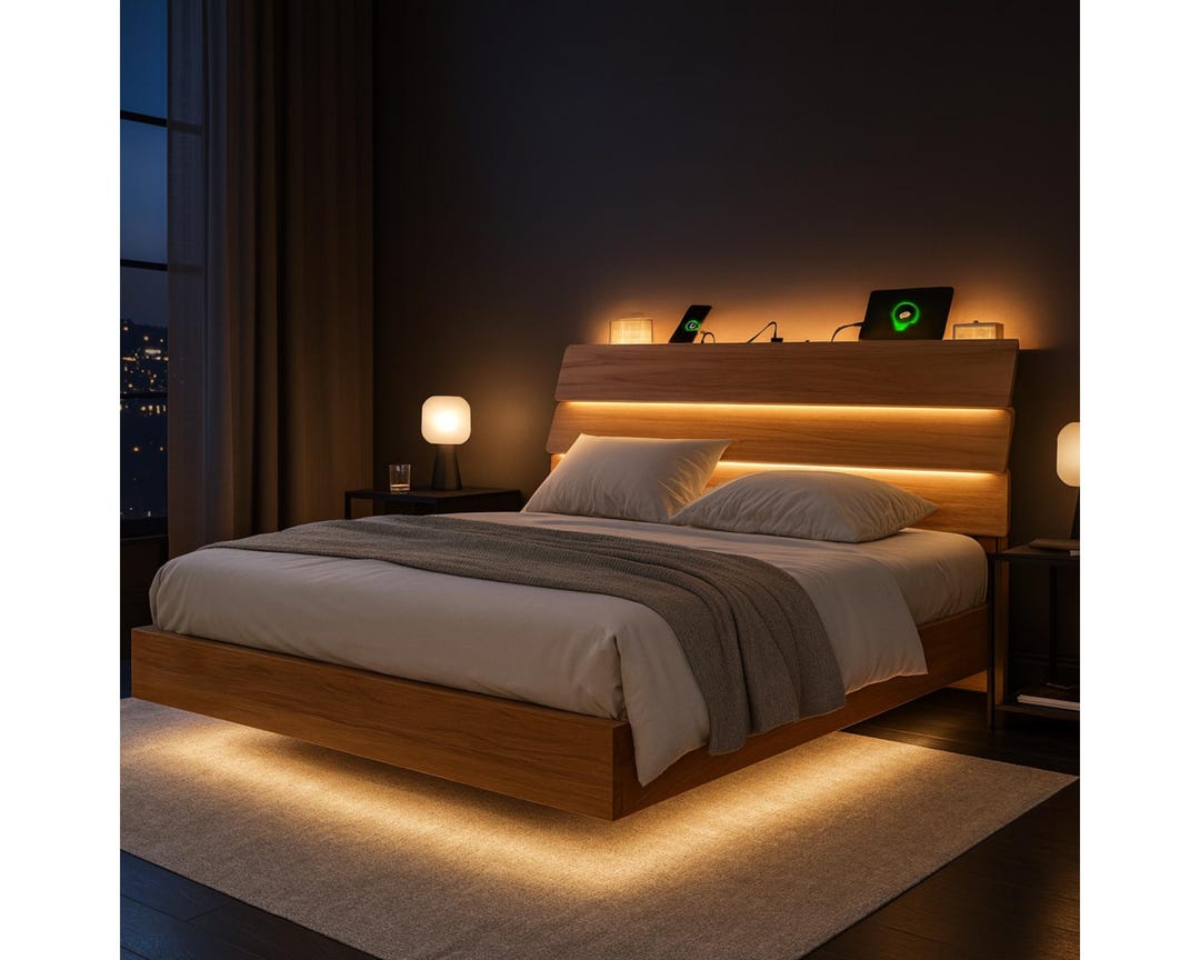 Floating Bed Frame: Modern Platform With LED Lights & Charging - Etsy