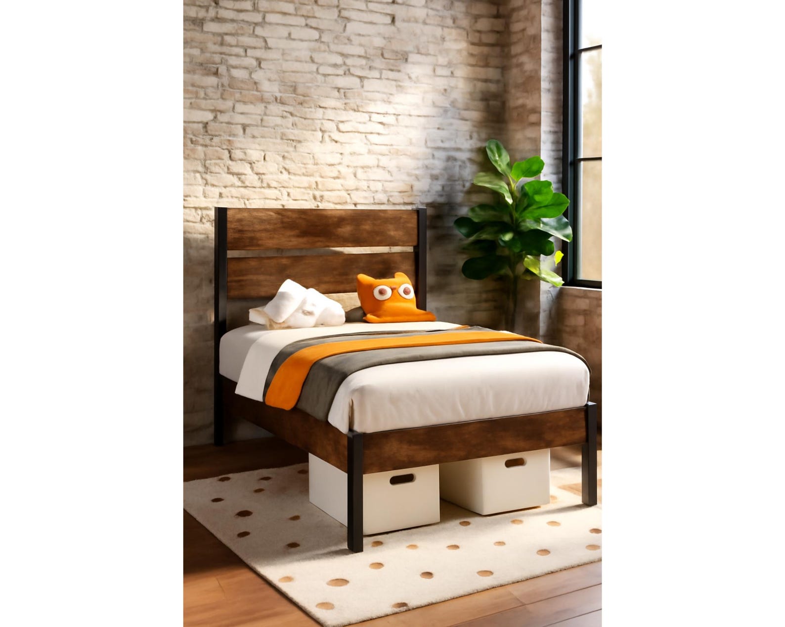 Rustic Brown Metal Bed Frame: Farmhouse Headboard & Under-bed Storage ...