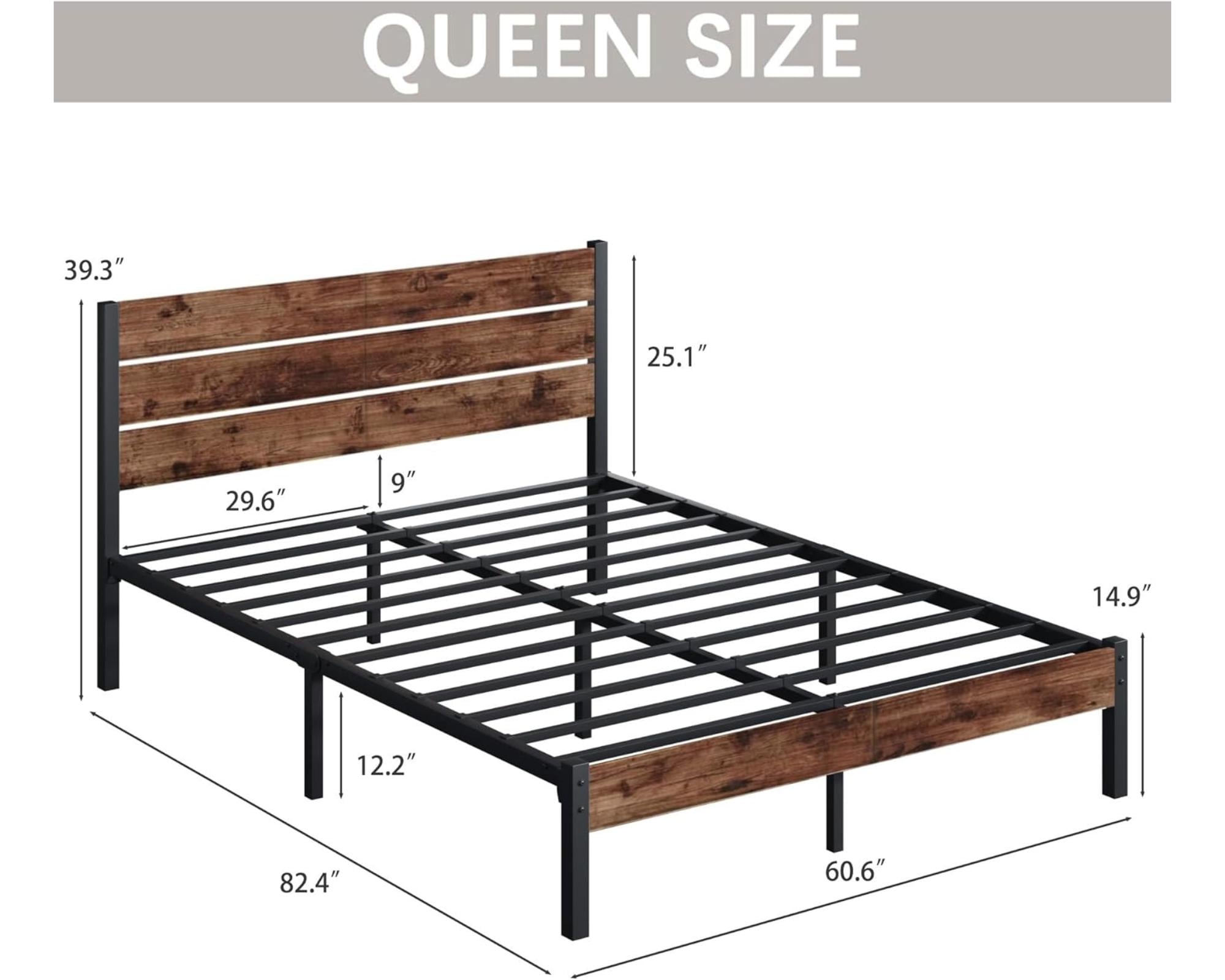 Rustic Brown Metal Bed Frame: Farmhouse Headboard & Under-bed Storage ...