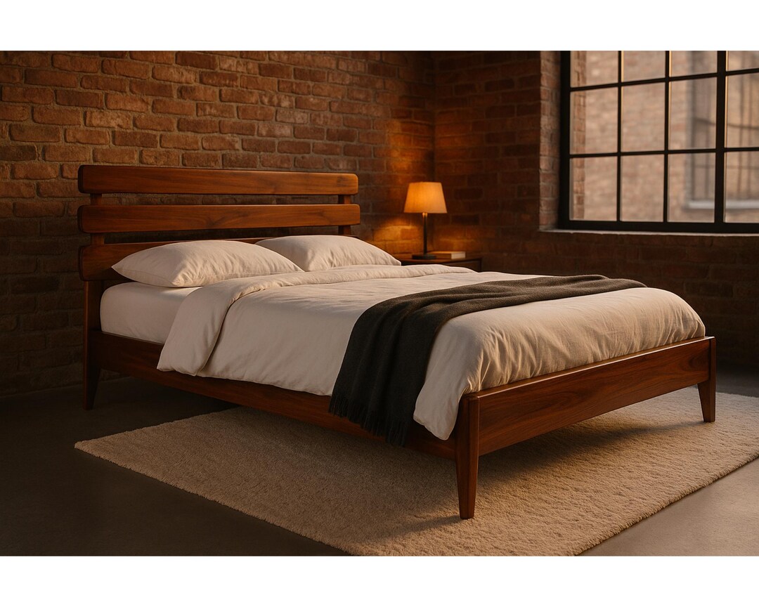 Mid-century Modern Acacia Wood Bed Frame With Adjustable Headboard - Etsy