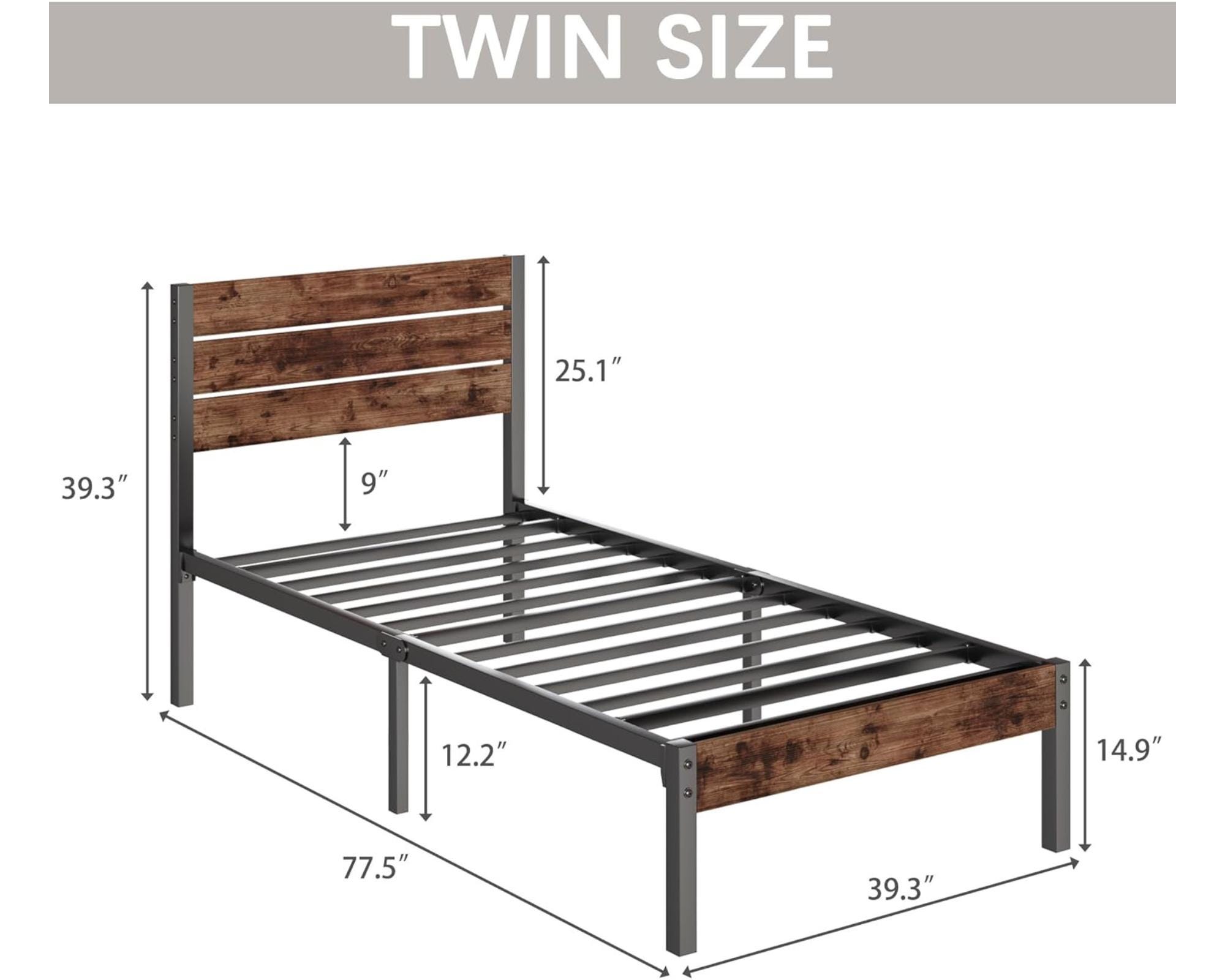 Rustic Brown Metal Bed Frame: Farmhouse Headboard & Under-bed Storage ...