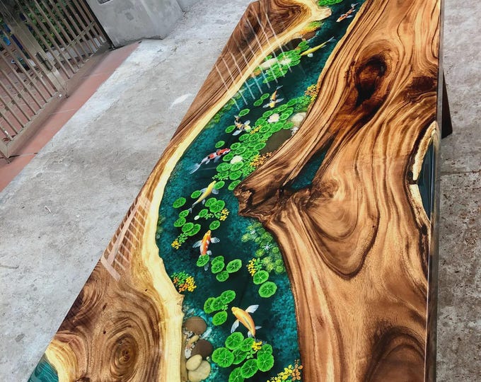 Koi Fish Epoxy Resin Table – Custom Live Edge Wood & Personalized ...