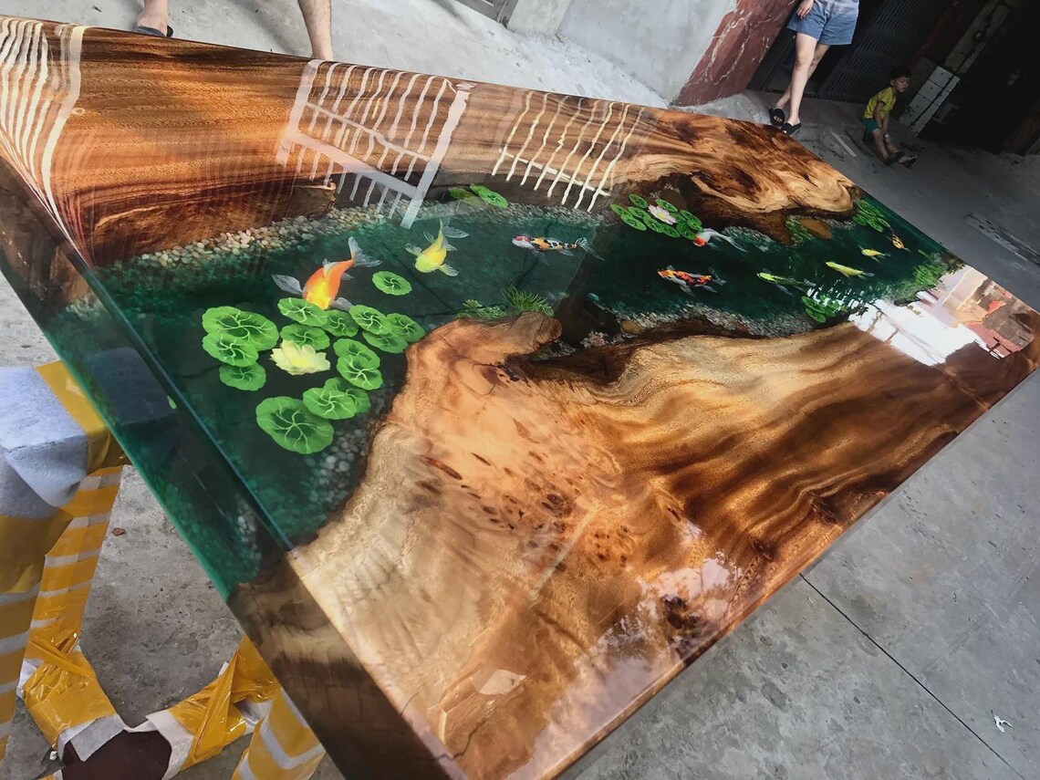 Koi Fish Epoxy Resin Table – Custom Live Edge Wood & Personalized ...