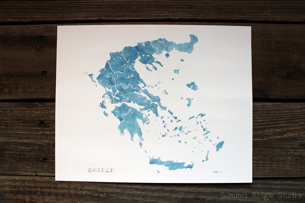 Greece Map Print Mediterranean Blue Watercolor Country Map - Etsy