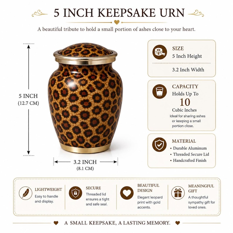 Leopard Print Keepsake Urn for Pet Ashes, 5 Inch Mini Cremation Urn ...