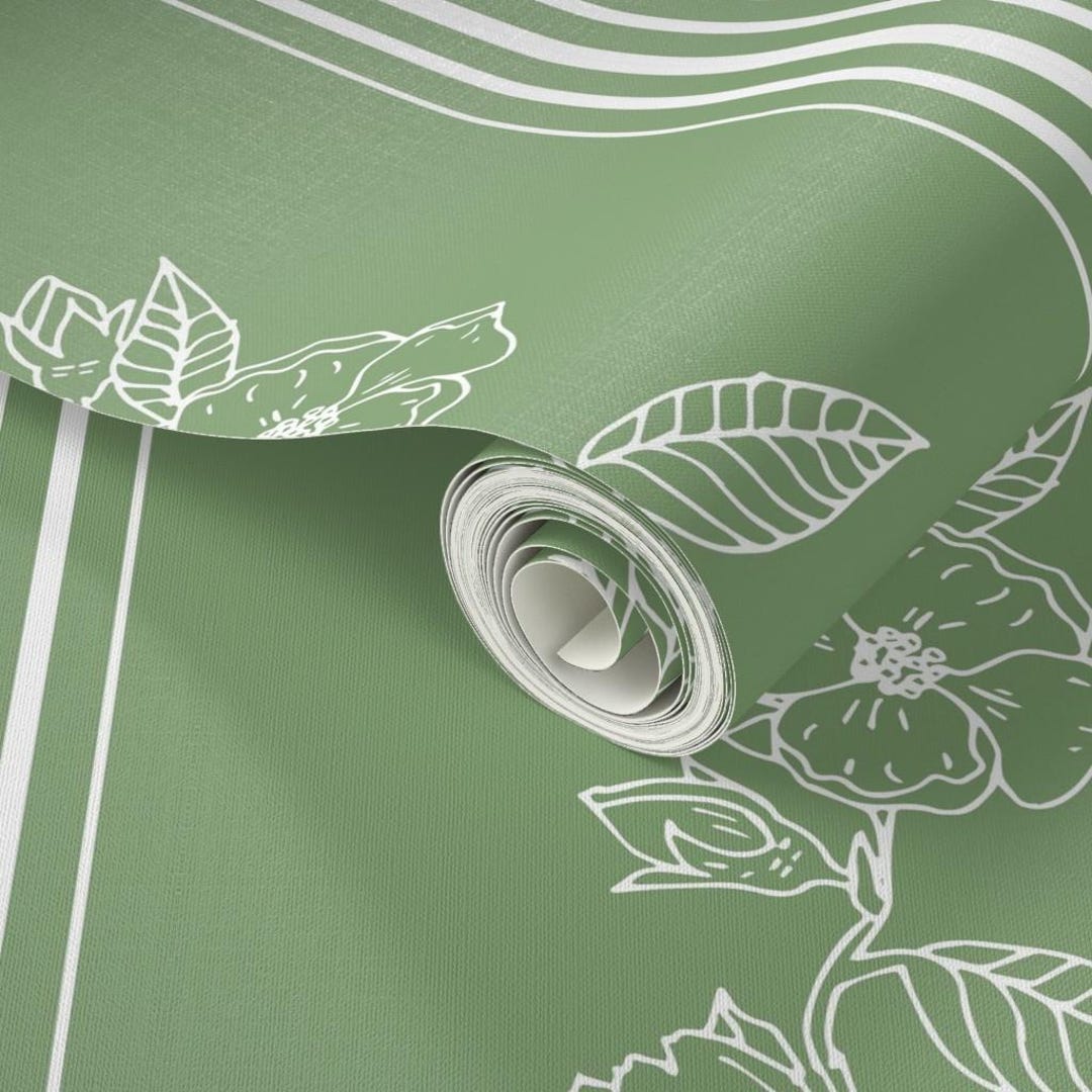 Grass Green Floral Stripe Cottagecore Wallpaper Peel and Stick - Etsy