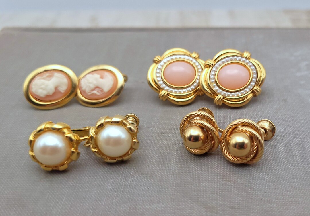 Vintage Clip-on and Scew Back Earrings Set of Four Gold-tone Romantic ...