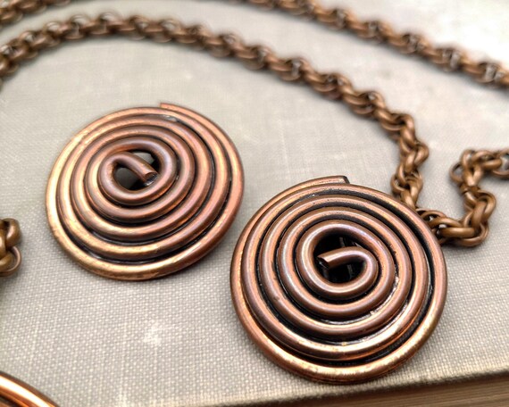 Vintage Copper Spiral Necklace and Clip-On Earring Set - Gem