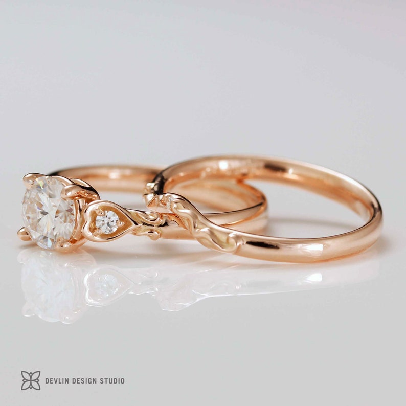 Moissanite Engagement Ring Set, Leaf Accents, 14k Rose Gold, Two Ring ...