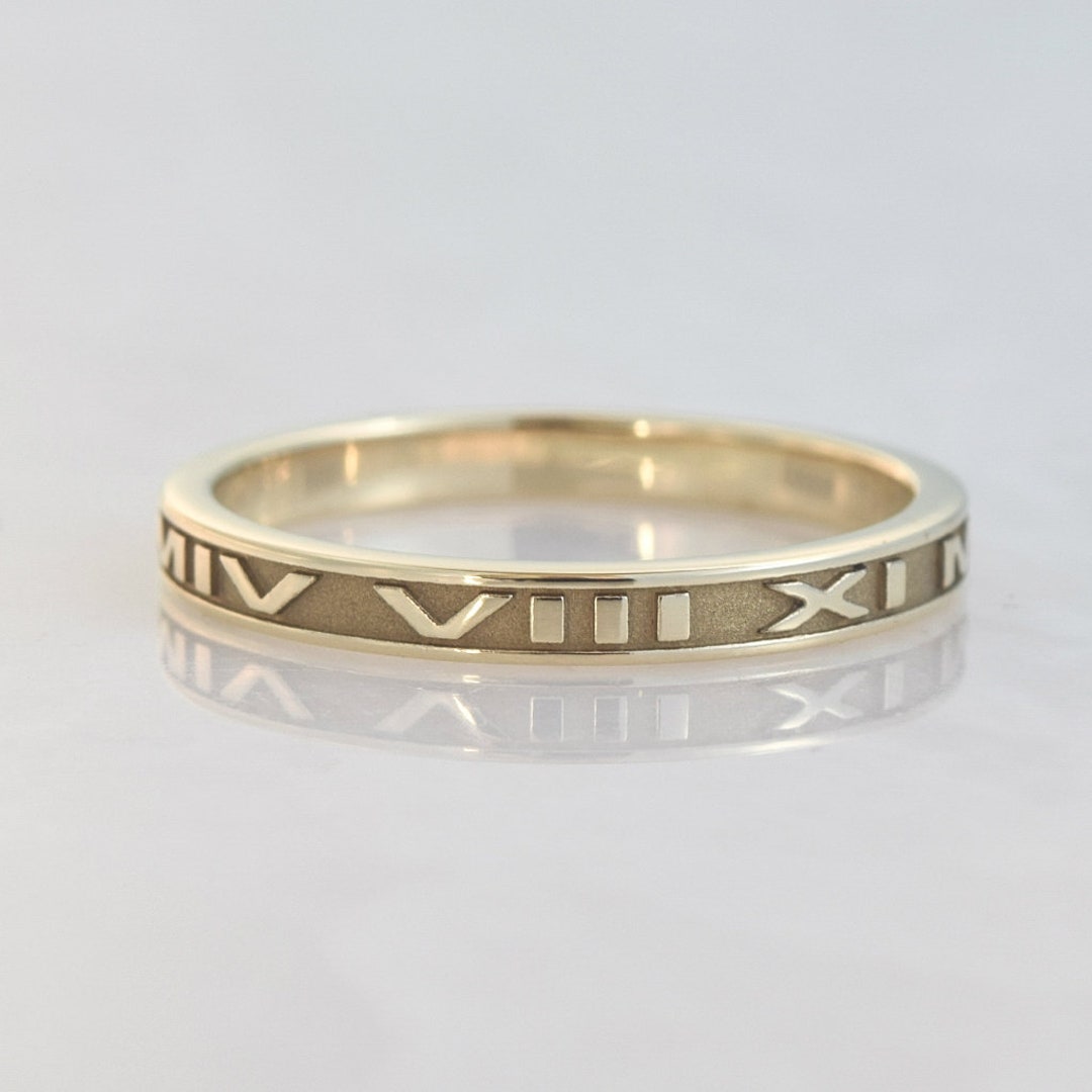 10K Gold, Custom Roman Numeral Ring, Solid Yellow Gold, Stackable 2mm ...