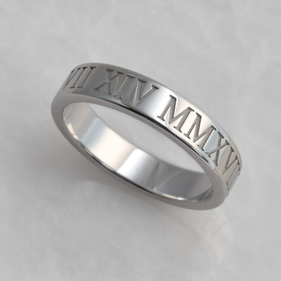 Personalized Roman Numeral Ring , 4mm Wide, Rhodium Plated Sterling ...