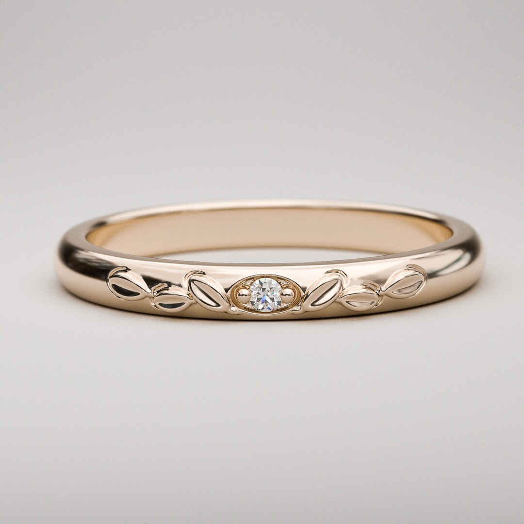 Single Diamond Wedding Band, Vintage Inspired Wedding Band With Leaves ...