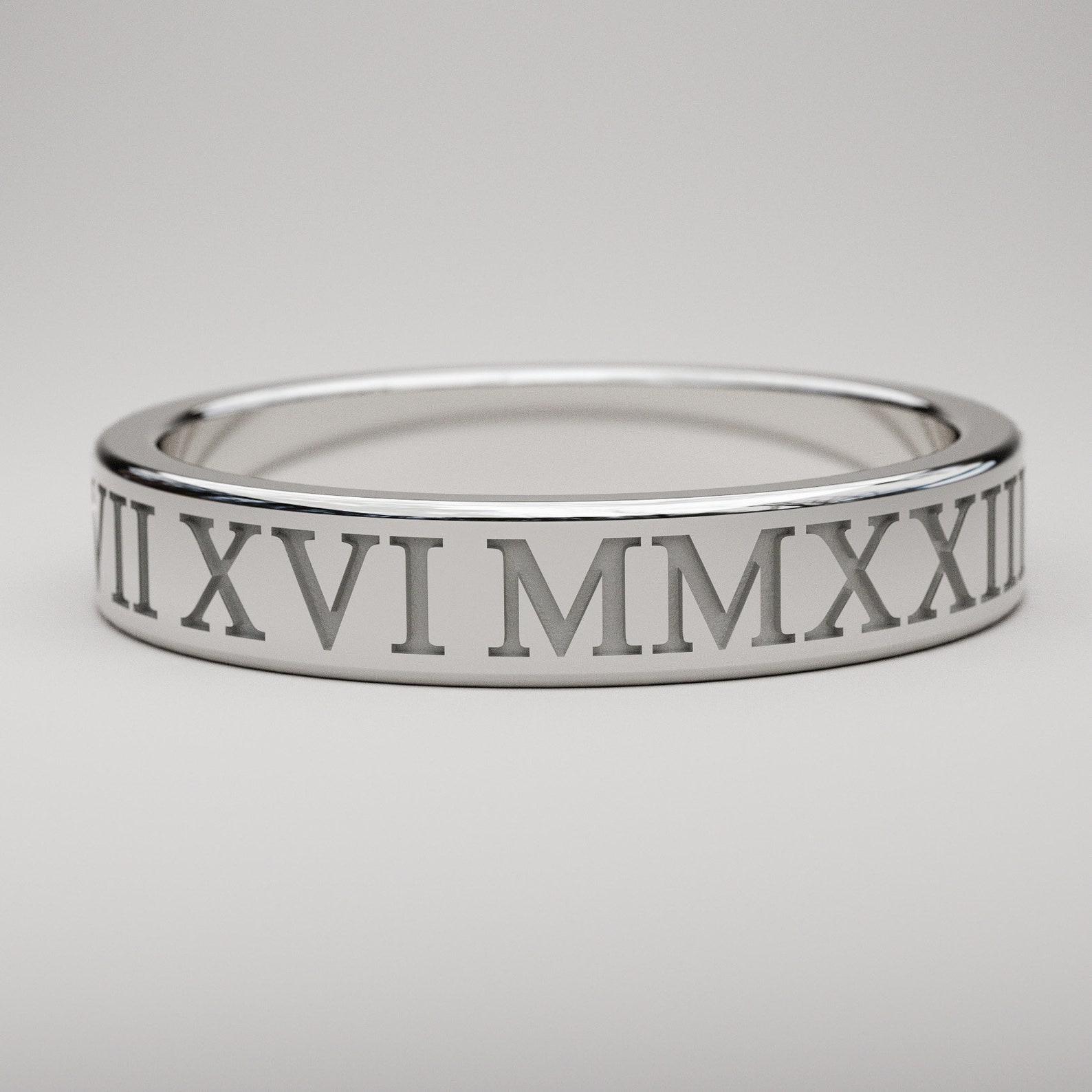Personalized Roman Numeral Ring , 4mm Wide, Rhodium Plated Sterling ...