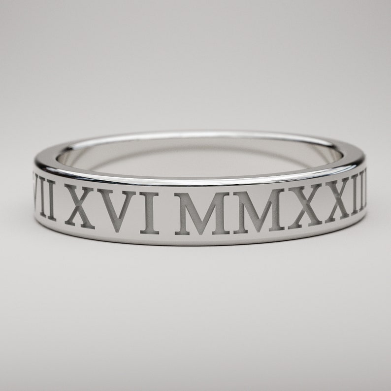 Personalized Roman Numeral Ring , 4mm Wide, Rhodium Plated Sterling ...