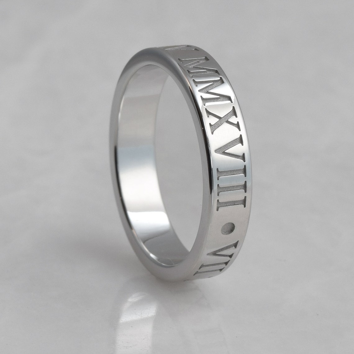 Personalized Roman Numeral Ring , 4mm Wide, Rhodium Plated Sterling ...
