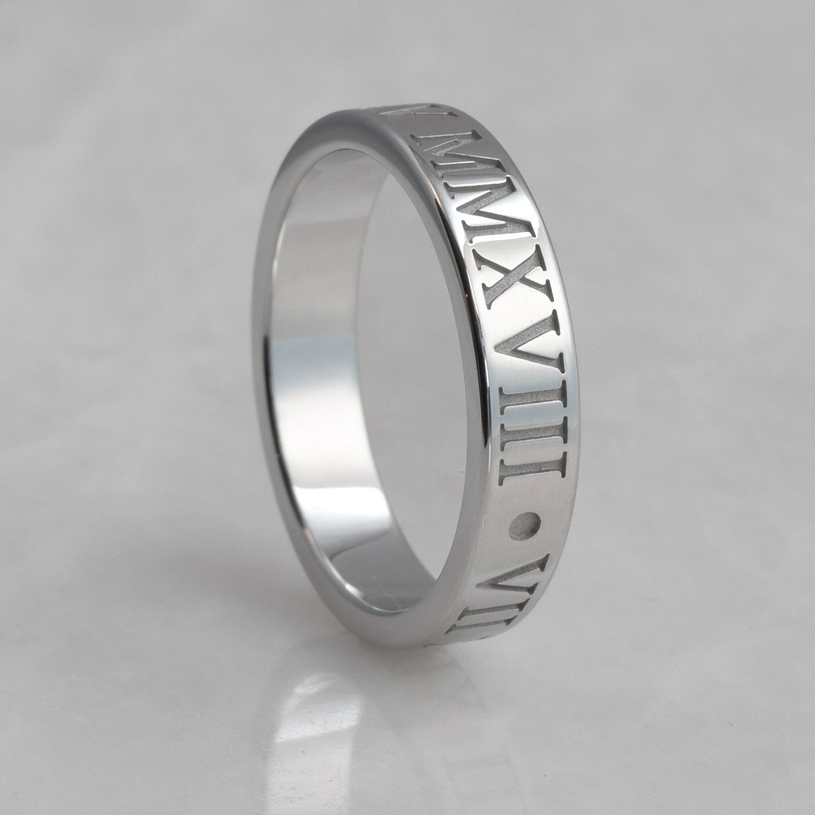 Personalized Roman Numeral Ring , 4mm Wide, Rhodium Plated Sterling ...