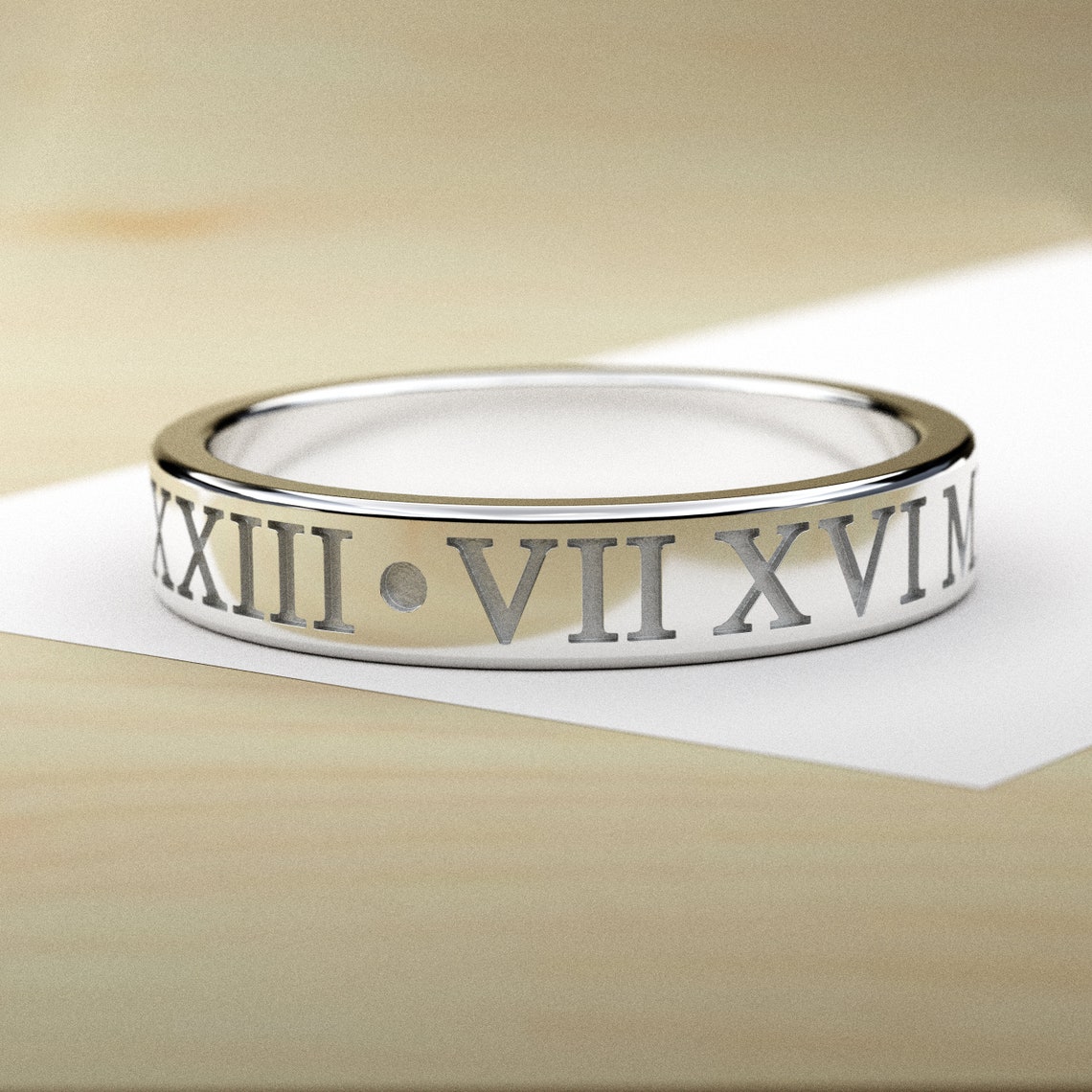 Personalized Roman Numeral Ring , 4mm Wide, Rhodium Plated Sterling ...